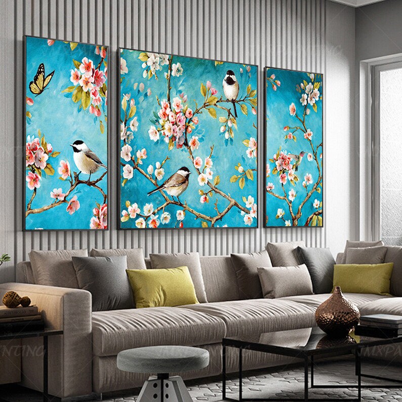 Framed Wall Art 3 Pieces Original Birds and Flower Landscape | Etsy