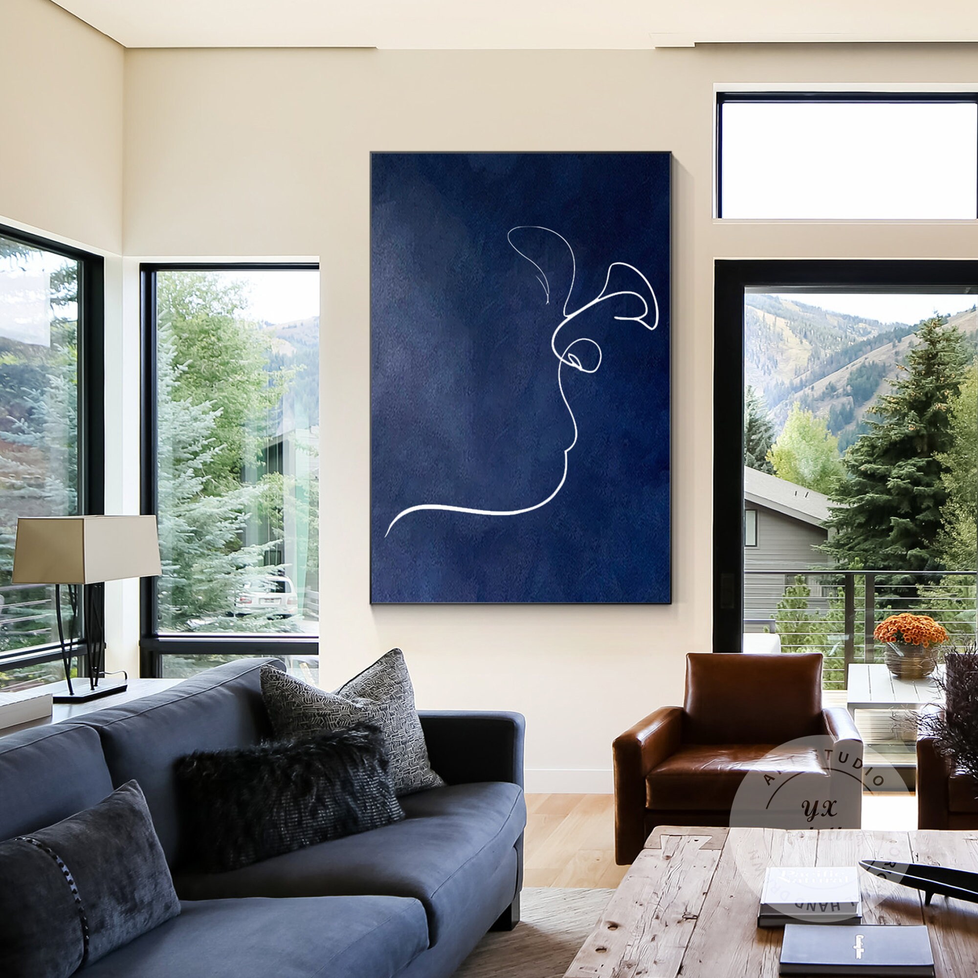 Navy Blue Kiss Line Drawing Original Painting on Canvas Extra - Etsy