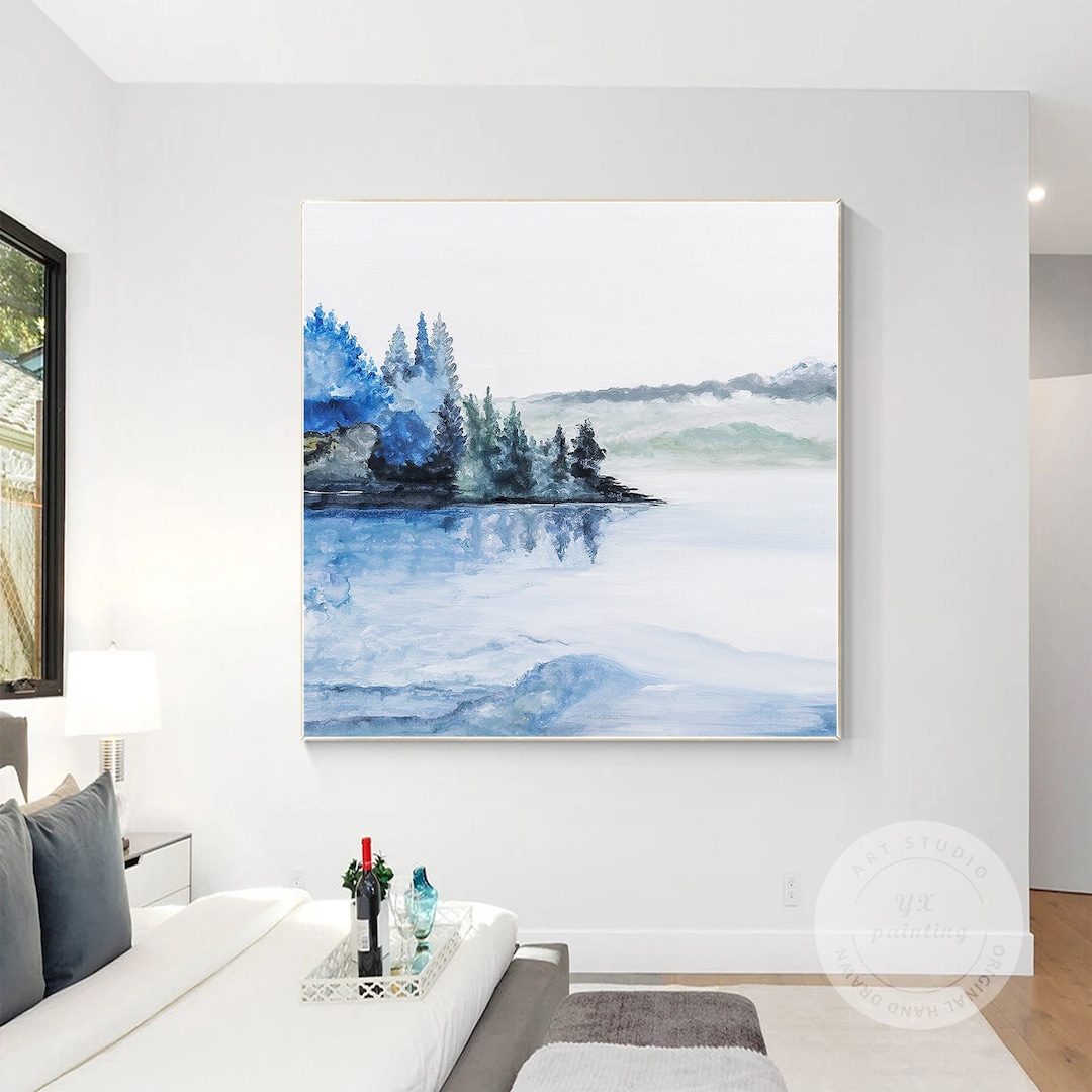 Abstract Lake Painting: Square Watercolor Wall Art on Canvas - Etsy