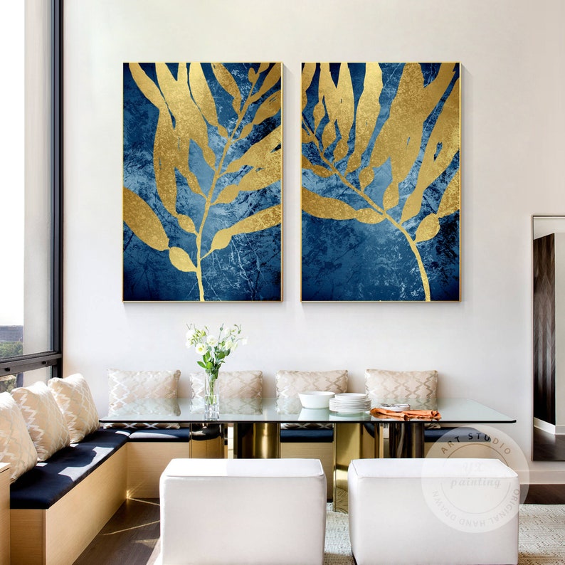 Blue Gold Leaf Set of 2 Pieces Abstract Painting on Canvas - Etsy