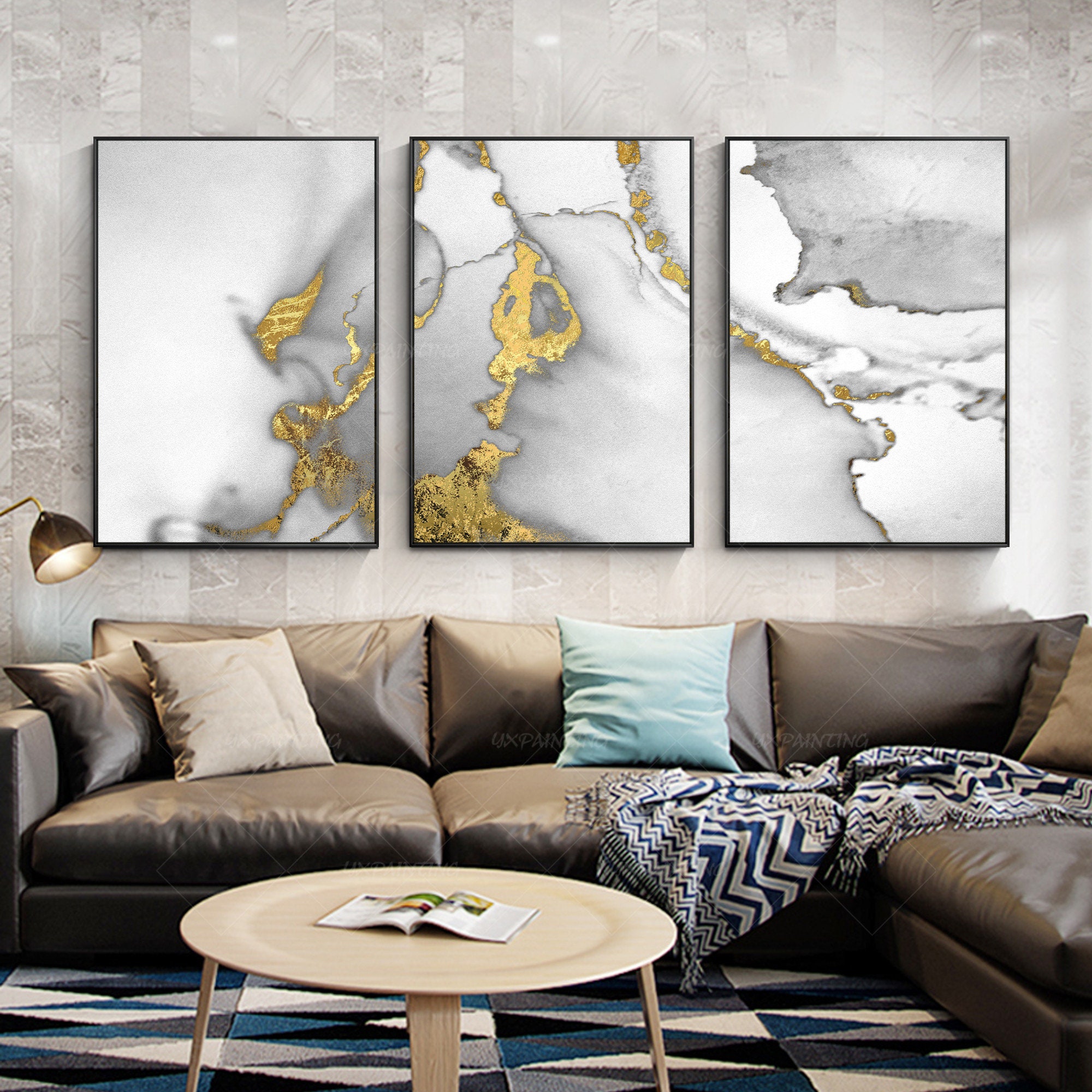 Framed painting Set of 3 wall art Gold art sea wave abstract | Etsy