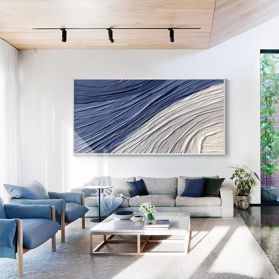 Navy Blue Wall Art,3d Texture Plaster Wall Art Blue, Minimalist ...