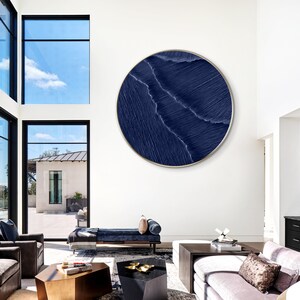 Round Navy Blue Texture Wall Art Framed, Minimalist Painting on Canvas ...