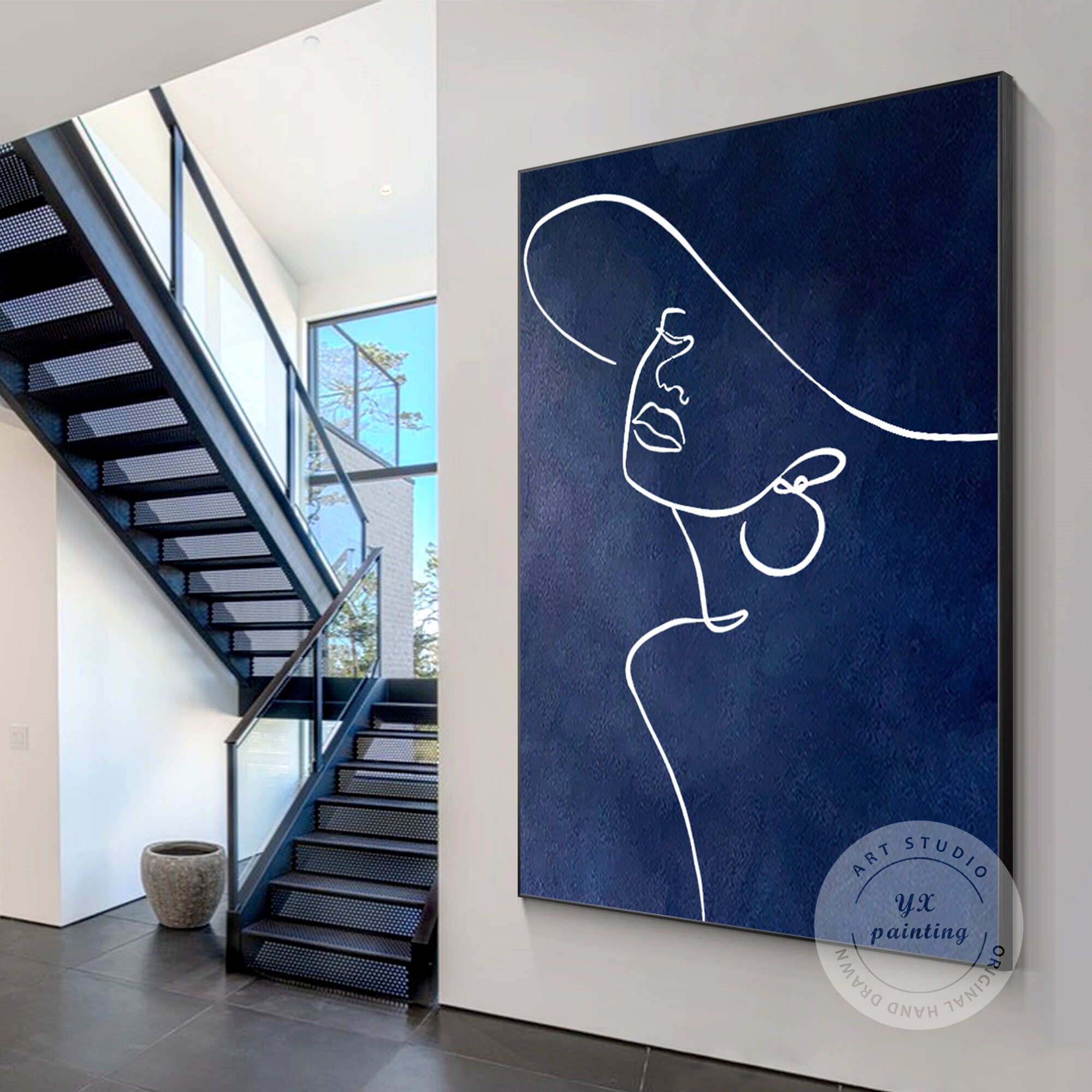 Navy Blue Woman Line Drawing Original Painting on Canvas - Etsy