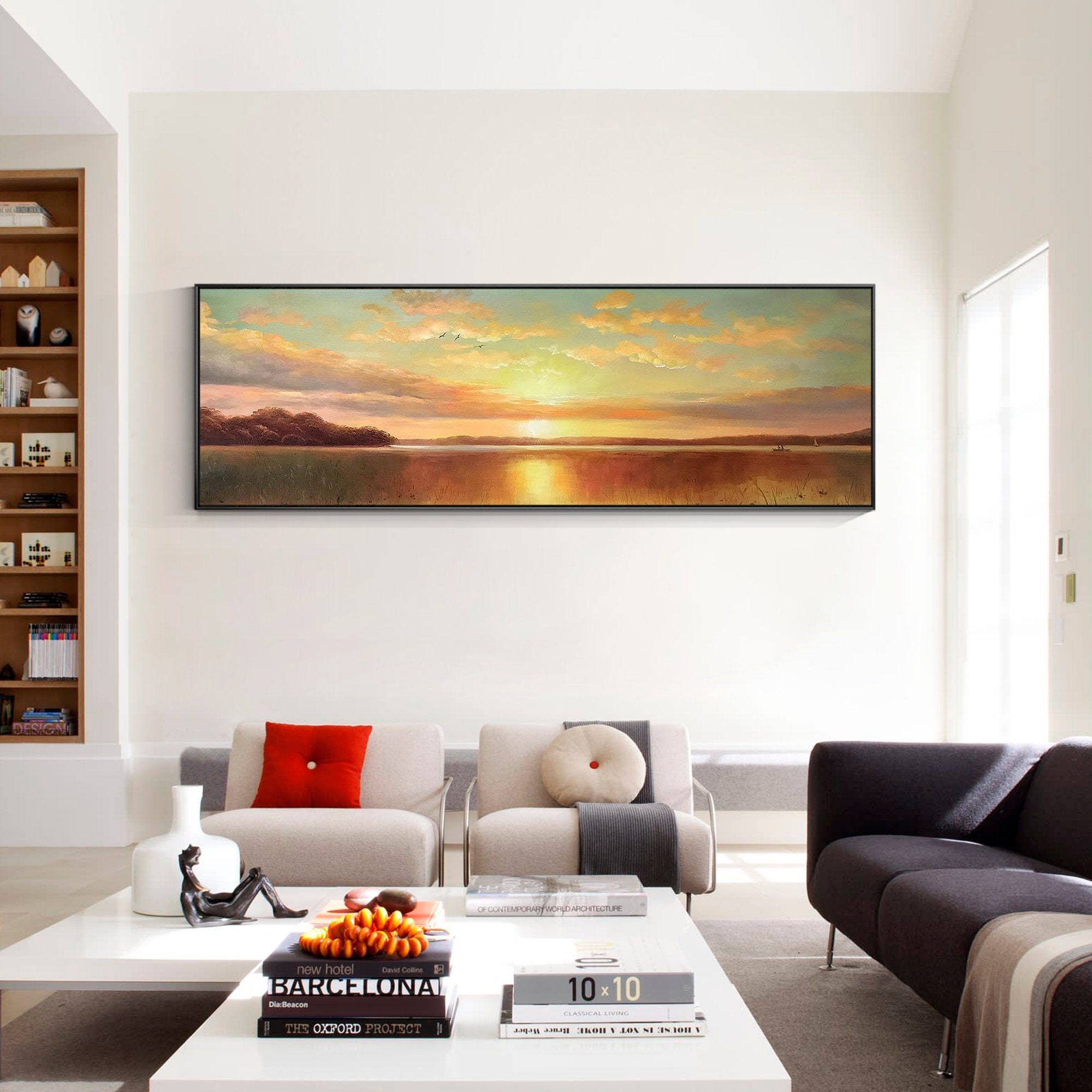Original Sunrise Sunset Landscape Painting: Long Horizontal Canvas Wall ...
