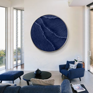 Round Navy Blue Texture Wall Art Framed, Minimalist Painting on Canvas ...
