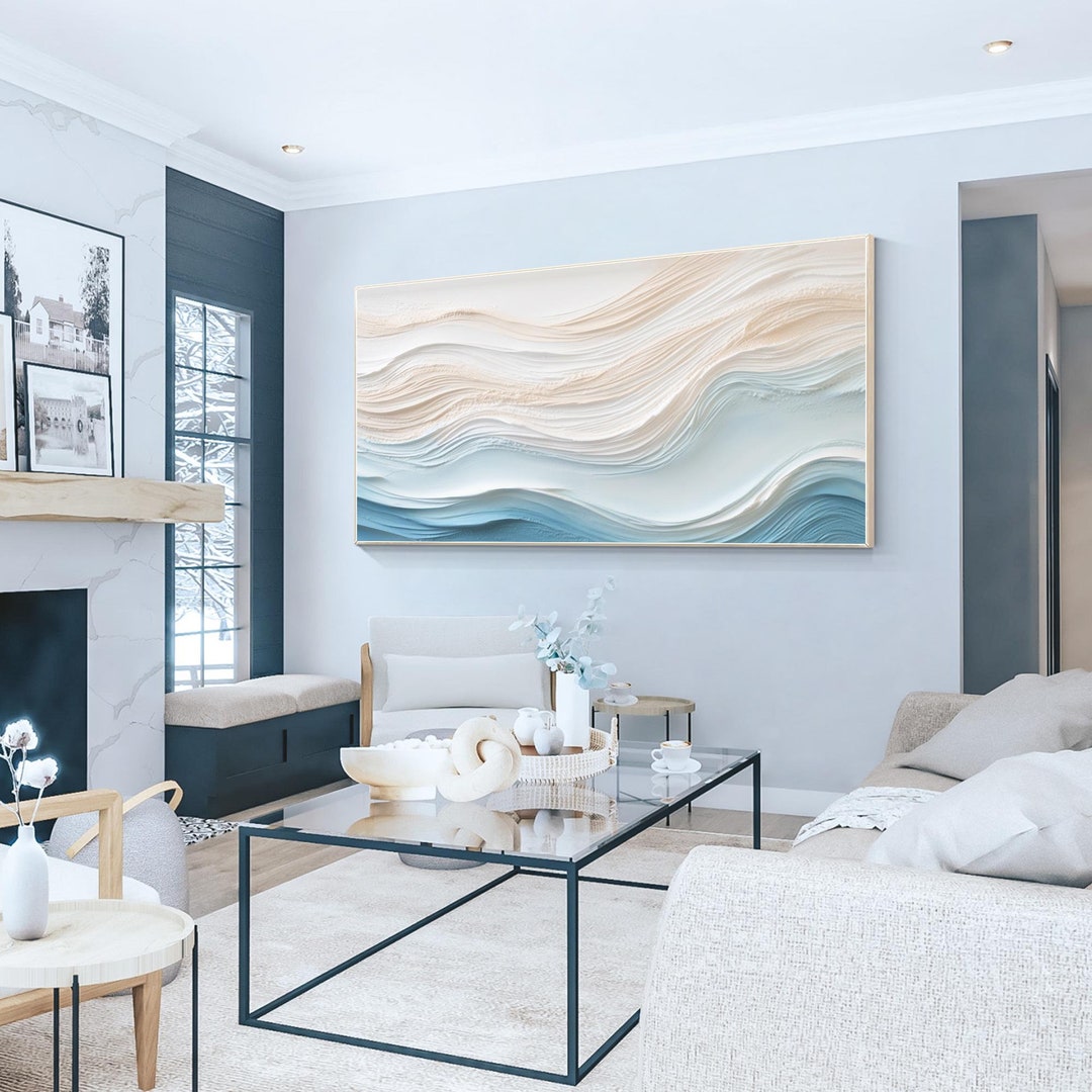 Textured Ocean Painting on Canvas, 3D Coastal Abstract Artwork, Hand ...