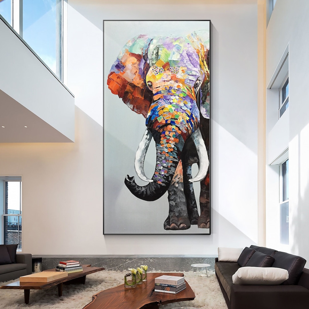 Elephant Painting on Canvas, Elephant Wall Art, Long Vertical Extra ...