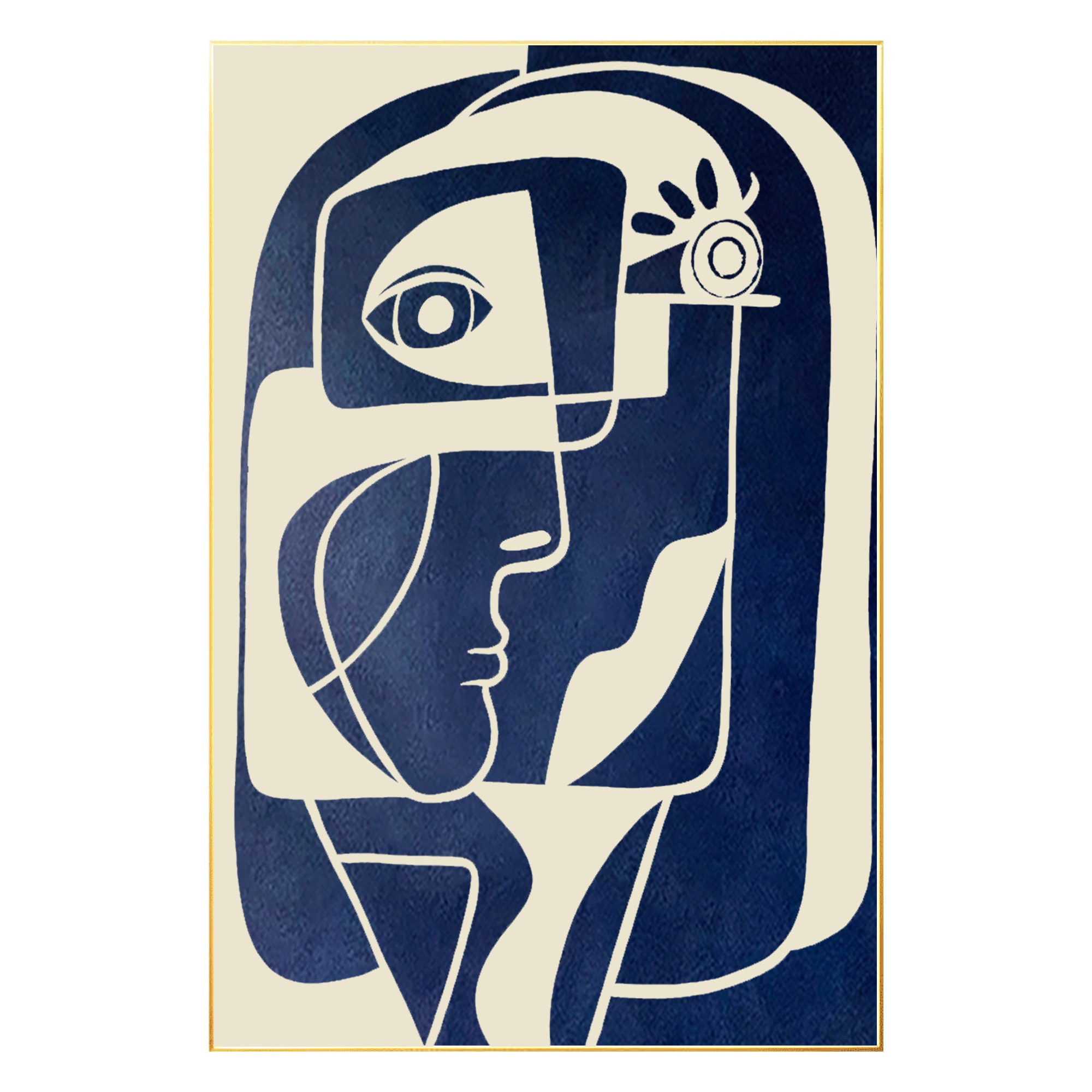 Abstract Face Painting: Navy Blue Beige Minimalist Wall Art - Etsy