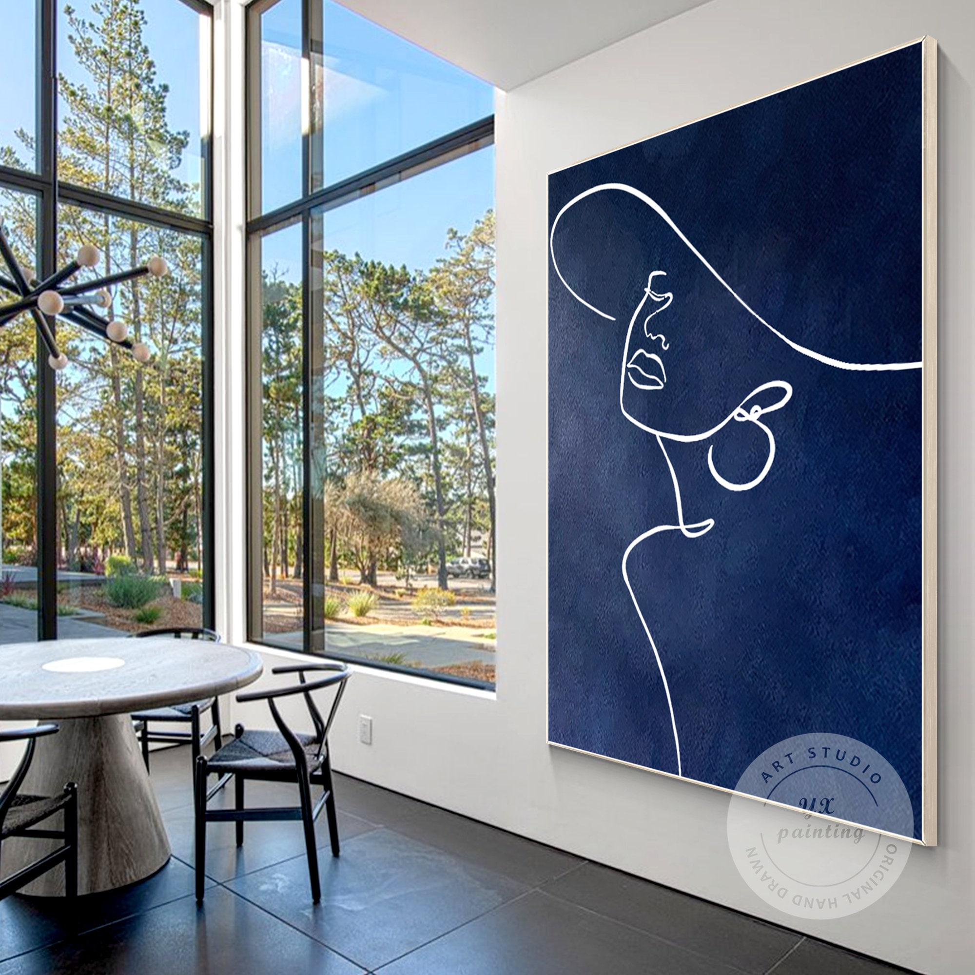 Navy Blue Woman Line Drawing Original Painting on Canvas - Etsy