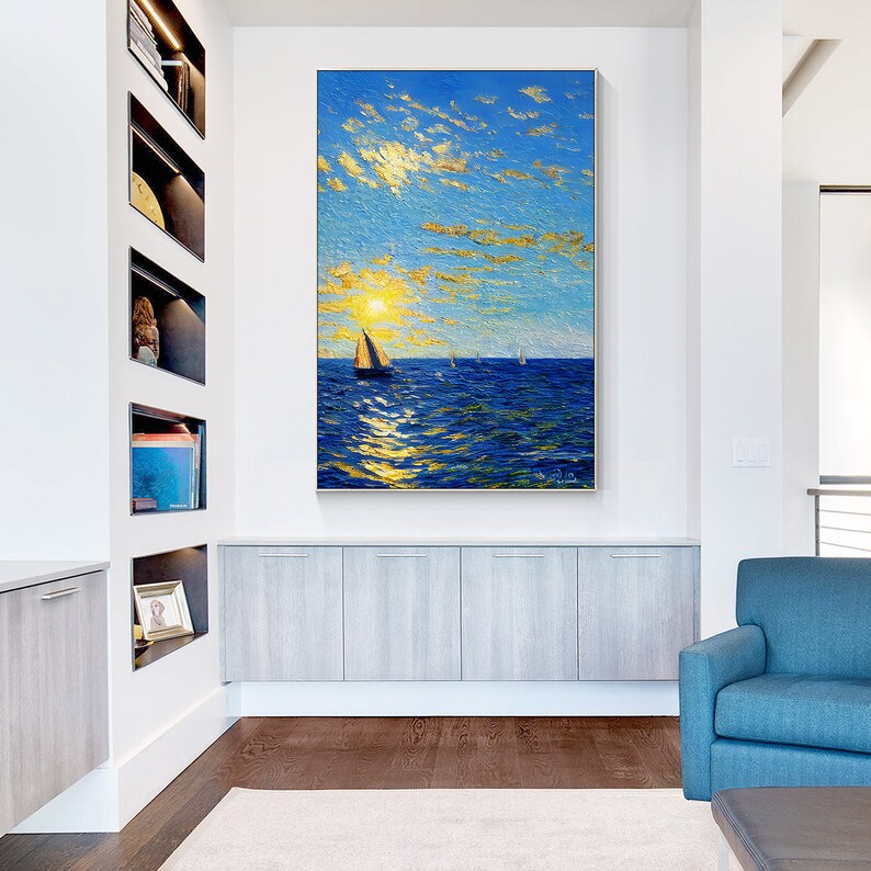 Blue Gold Sailboat Original Painting on Canvas Seascape - Etsy