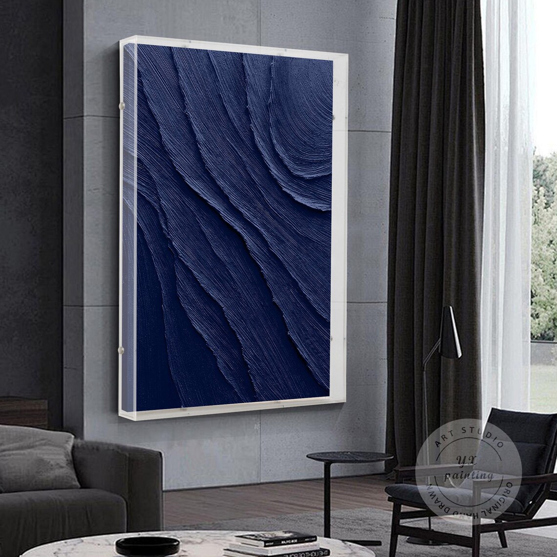 Navy Blue Art With a Acrylic Shadow Box Frame, Minimalist Painting on ...