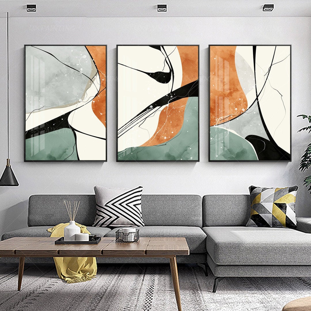 Set of 3 Prints Framed Wall Art Geometric Black Art Orange Green Print ...