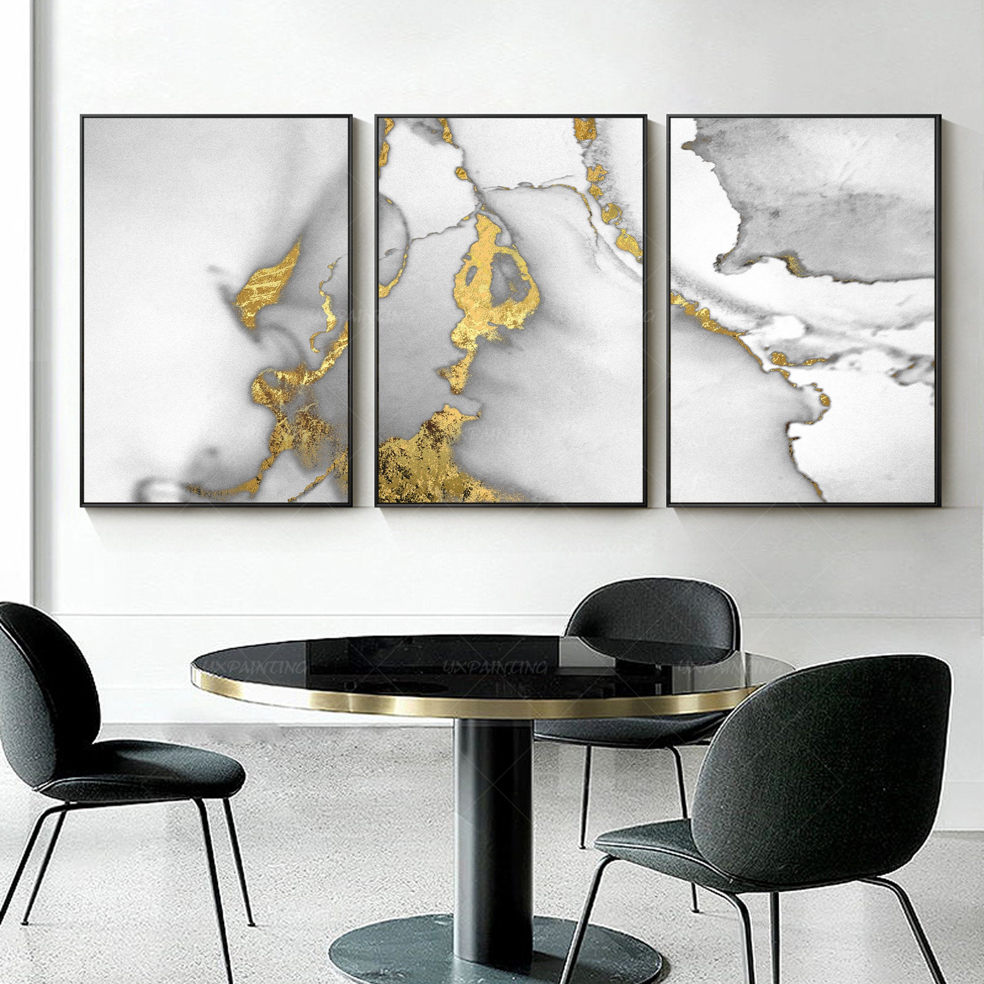 Framed painting Set of 3 wall art Gold art sea wave abstract | Etsy