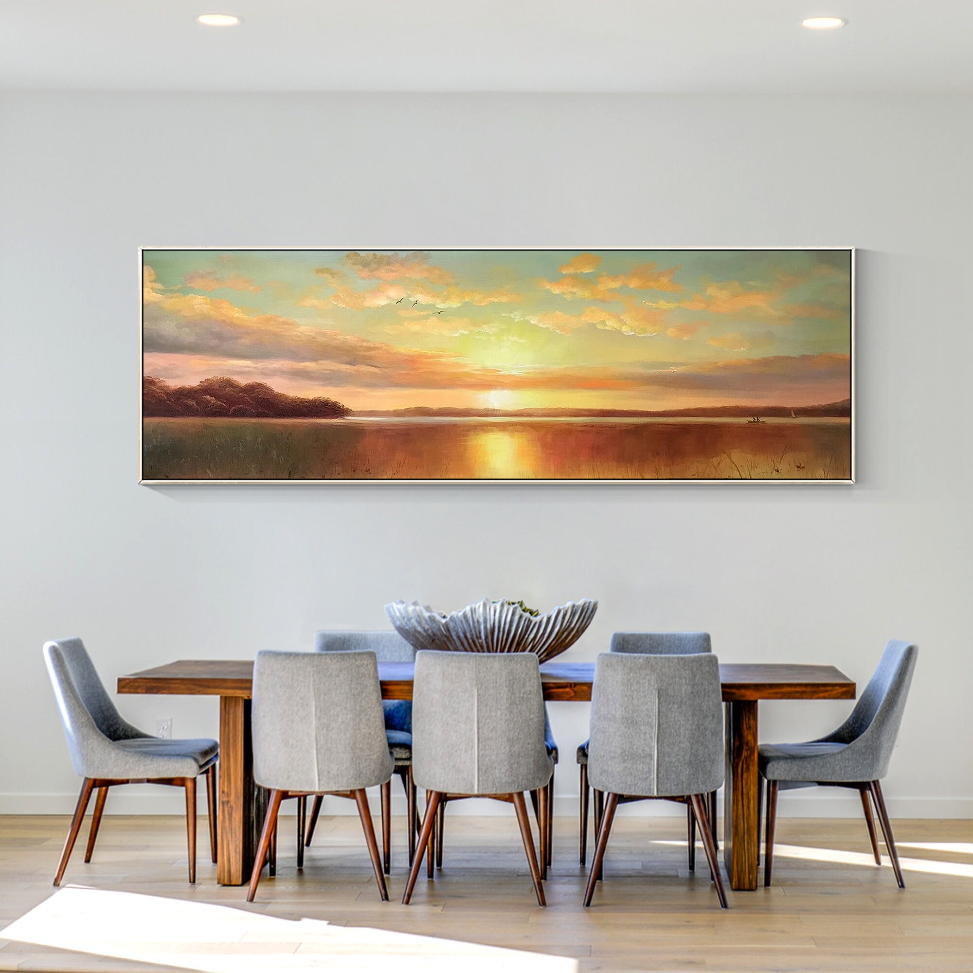 Original Sunrise Sunset Landscape Painting: Long Horizontal Canvas Wall ...