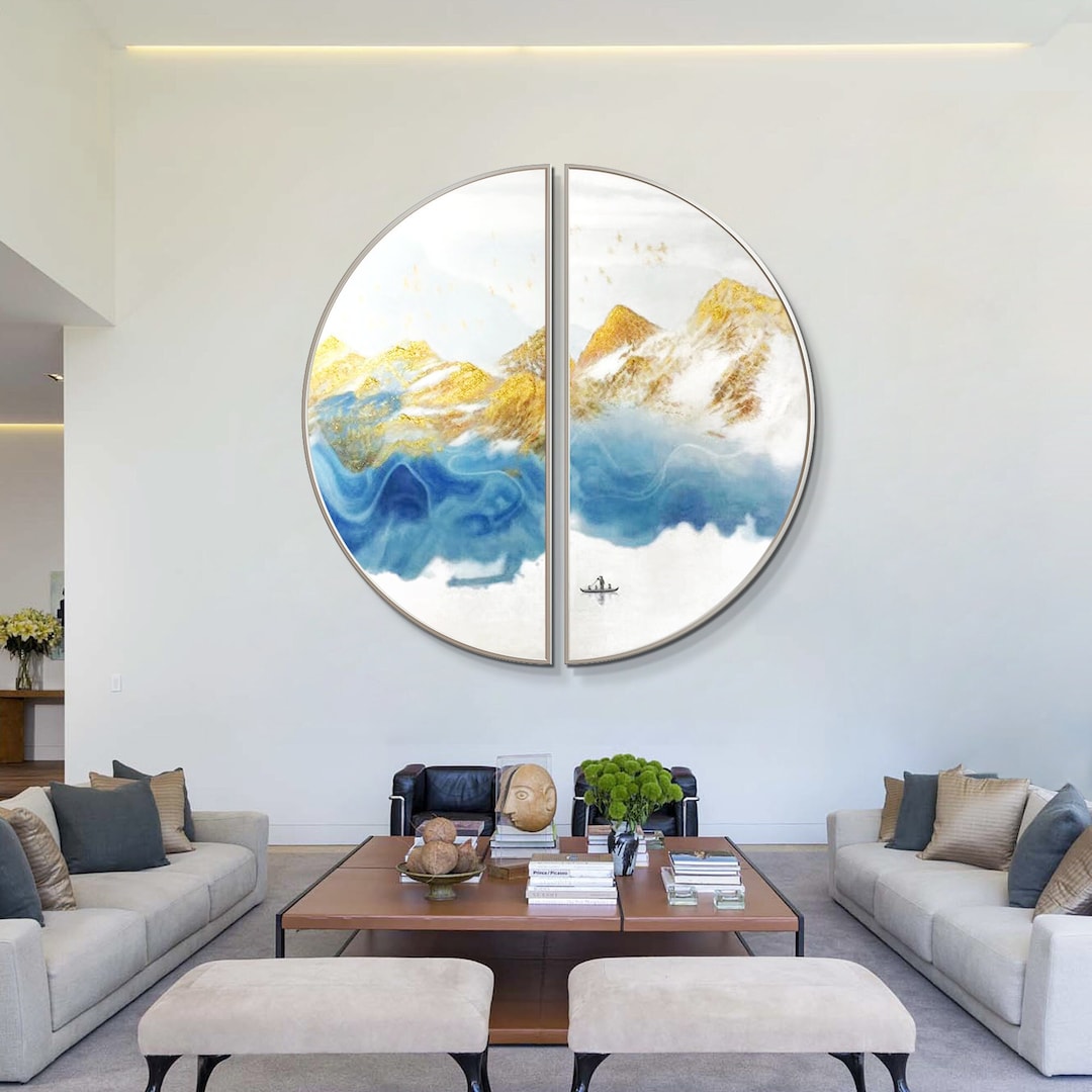 Set of 2 Watercolor Blue Gold Mountain Landscape Paintings Blue Gold ...