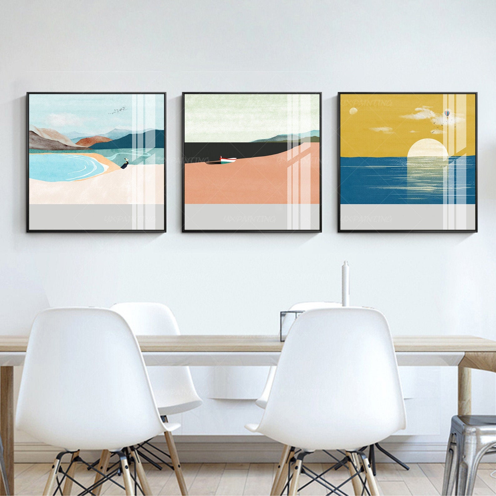 Framed Wall Art Set of 3 Prints Coral Pink Sea Navy Blue - Etsy