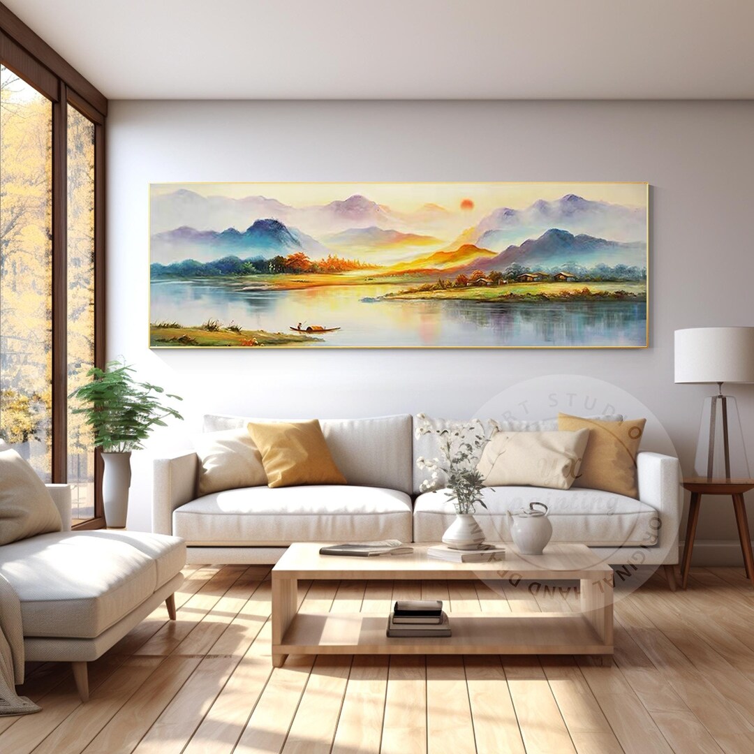 Original Sunrise River Landscape Painting: Long Horizontal Canvas Art ...