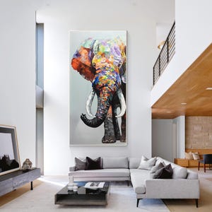 Elephant Painting on Canvas, Elephant Wall Art, Long Vertical Extra ...