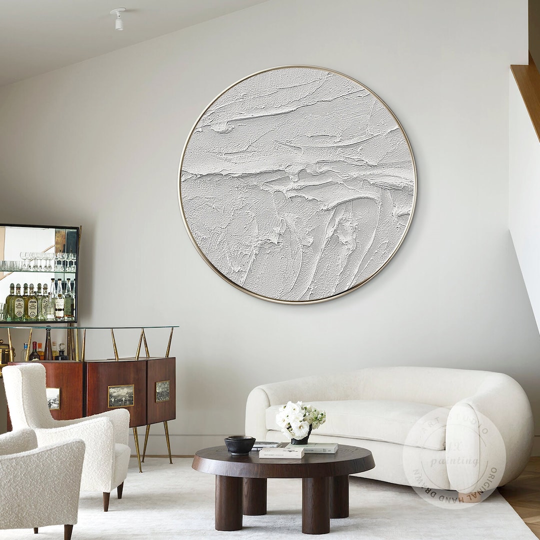 White 3D Texture Round Wall Art Framed, Minimalist Painting on Canvas ...