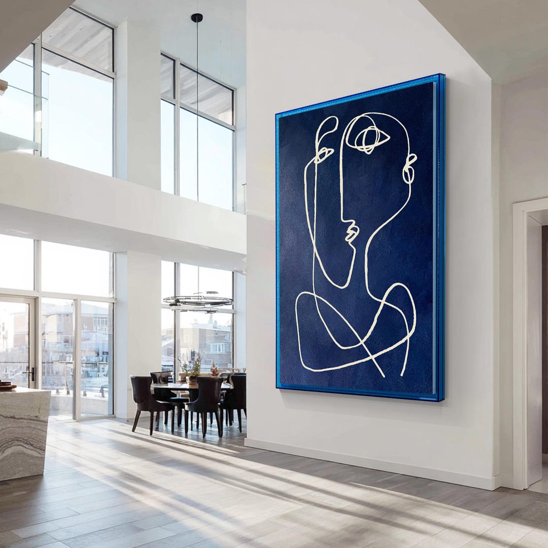 Modern Picasso Style Wall Art, Navy Blue Line Abstract Painting ...