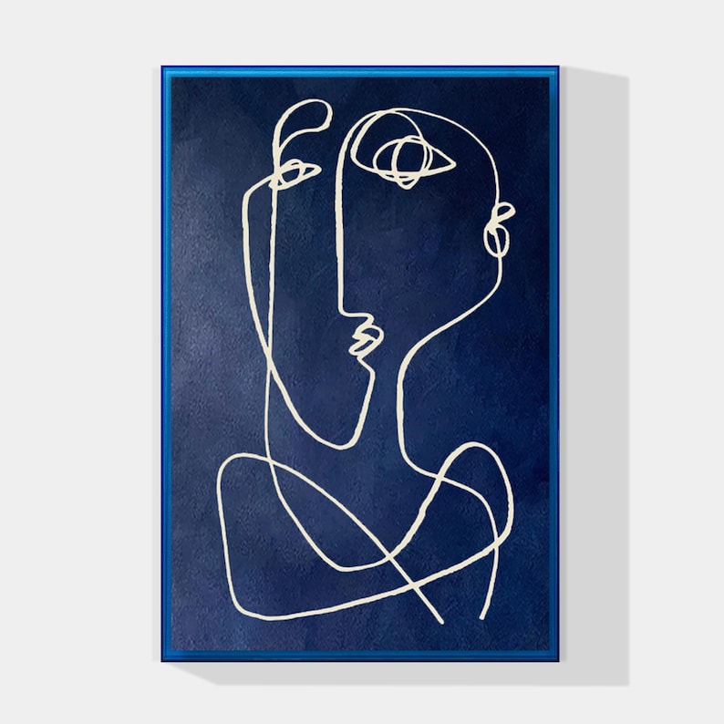 Modern Picasso Style Wall Art, Navy Blue Line Abstract Painting ...