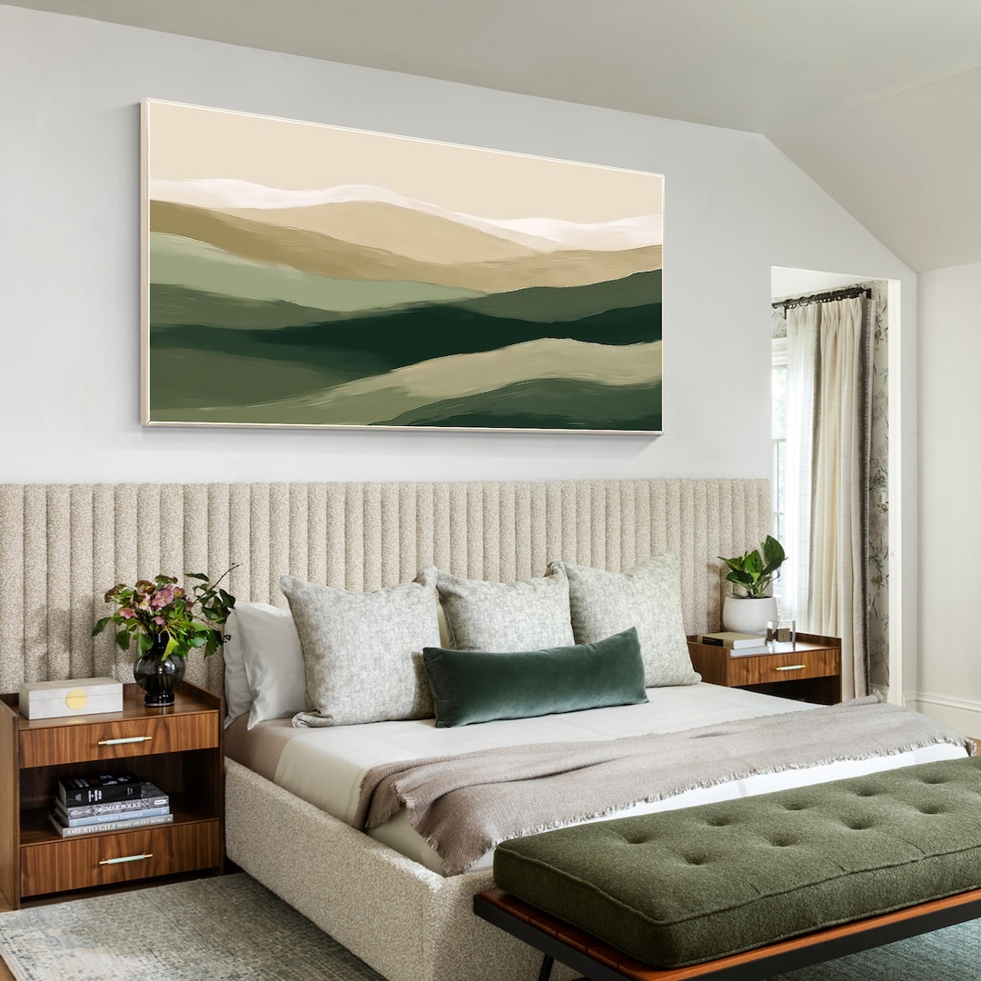 Mountains Abstract Painting Beige Green Wall Art Decor, Mountain ...