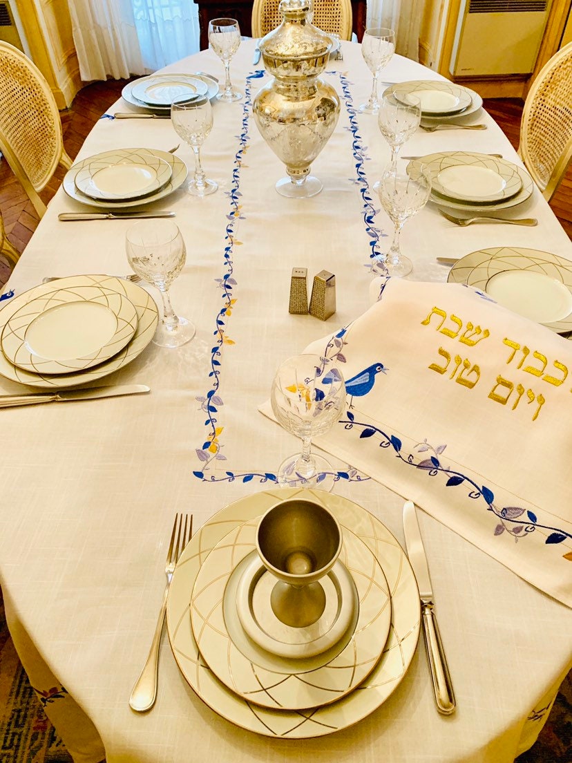 Blue Bird Tablecloth Ivory Linen With Blue and Gold | Etsy