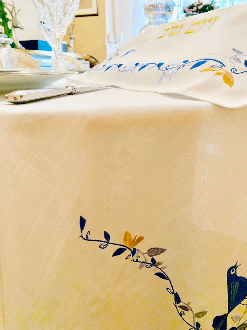 Blue Bird Tablecloth Ivory Linen With Blue and Gold | Etsy