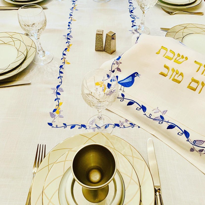Blue Bird Tablecloth Ivory Linen With Blue and Gold | Etsy