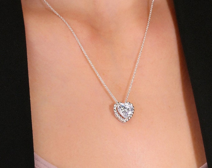 Sterling Silver Classic Heart Halo Necklace With Simulated - Etsy