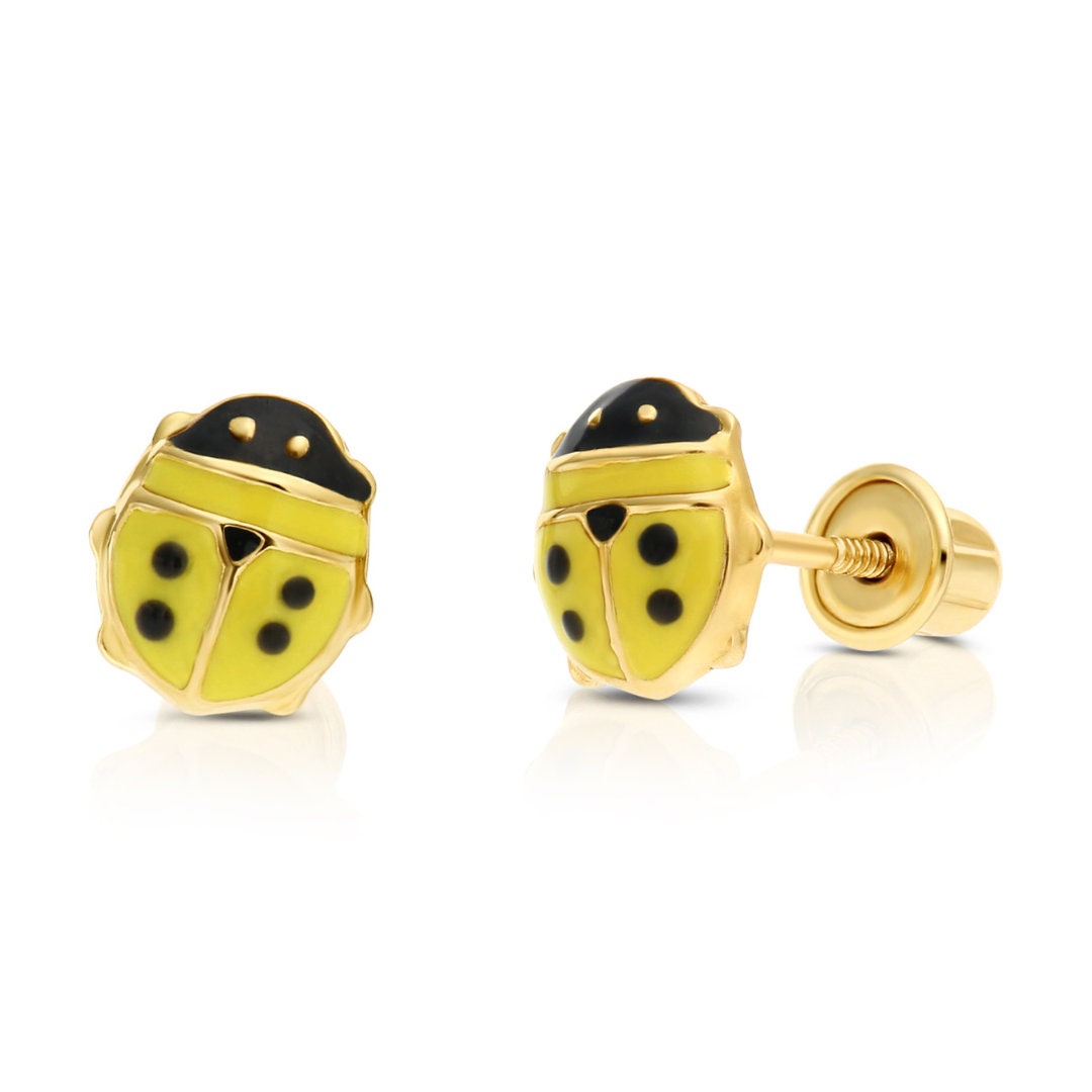 14k Yellow Gold Small Ladybug Stud Earrings, Yellow Ladybug Screw on ...