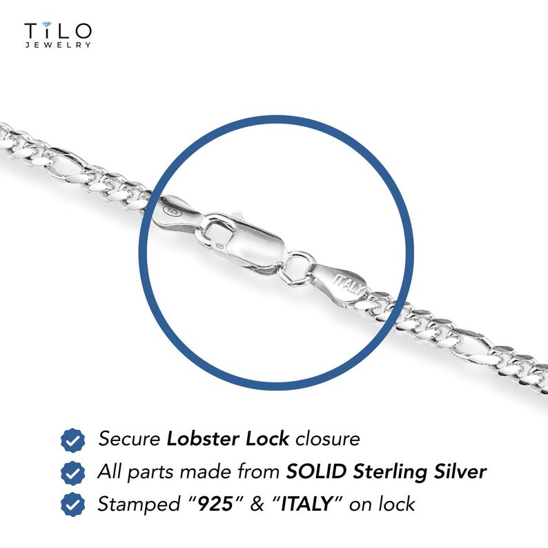 925 Italian Figaro Chain Bracelet, Solid Sterling Silver With Lobster ...