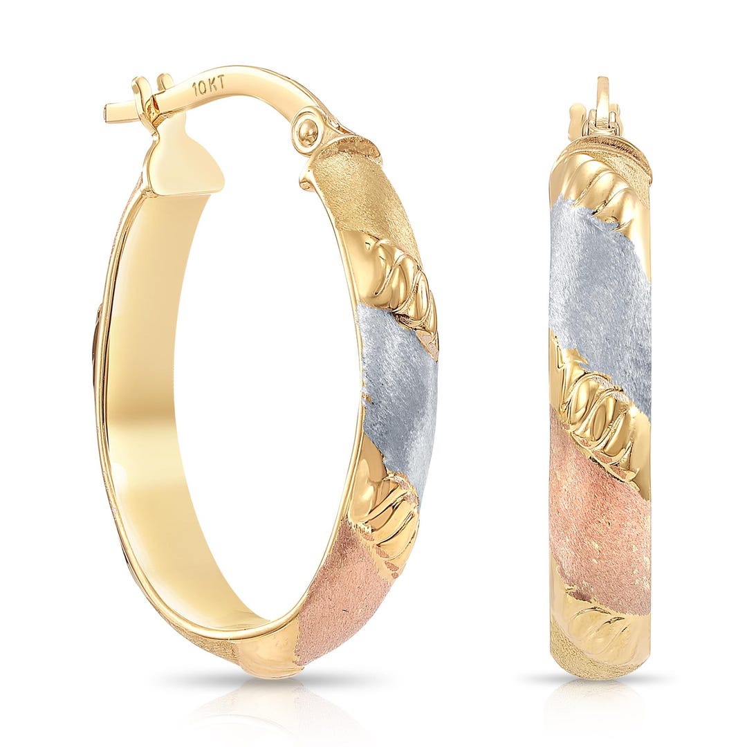Solid 10K Yellow Gold Tri-color Oval Hoop Earrings, With Secure Latch ...