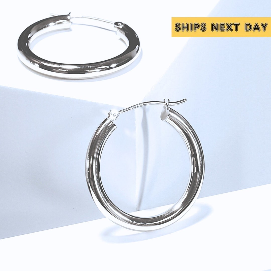 14K Gold Classic Hoop Earrings, Solid White Gold Chunky and Lightweight ...