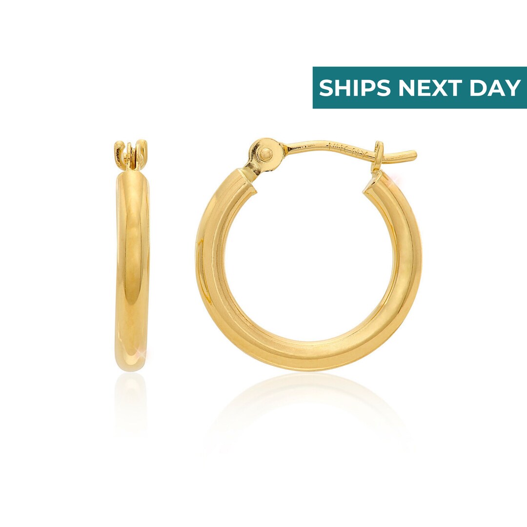 Solid 14K Gold Hoop Earrings, 14 Karat Yellow Gold Round Hoops With a ...