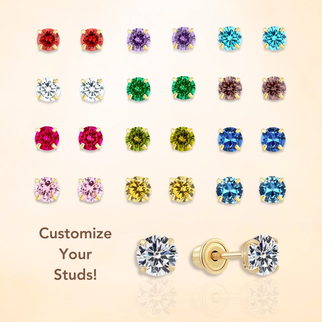 14k Gold Birthstone Stud Earrings, Sleeper Screw Back CZ Studs, 3mm ...