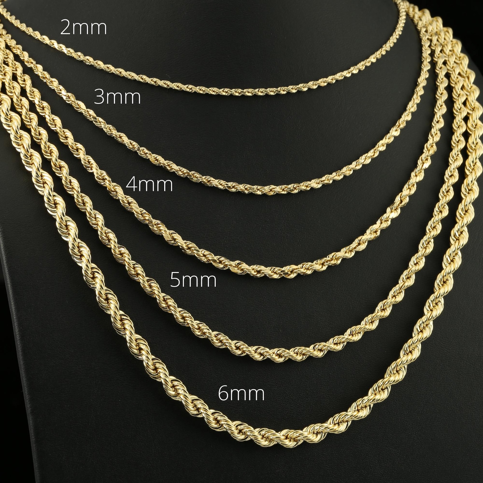 10K Yellow Gold Rope Chains, Solid 10k Gold Necklace, 2mm 3mm 4mm 5mm ...