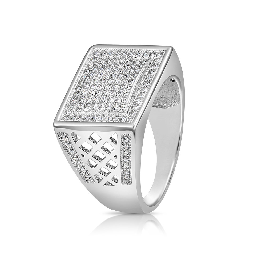 Urban Fusion Men's Sterling Silver Hip Hop Ring, Square Signet With CZ ...