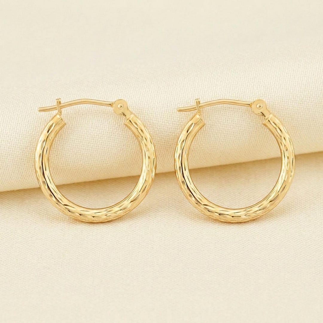 10K Yellow Gold Round Diamond-cut Hoop Earrings, Hand Engraved All ...