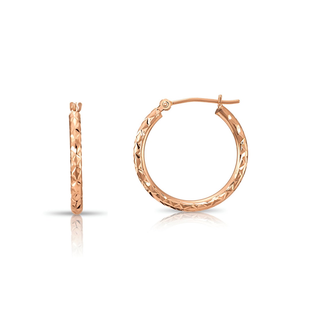 14K Rose Gold Hoop Earrings, Hand Engraved X-pattern, Small Medium ...