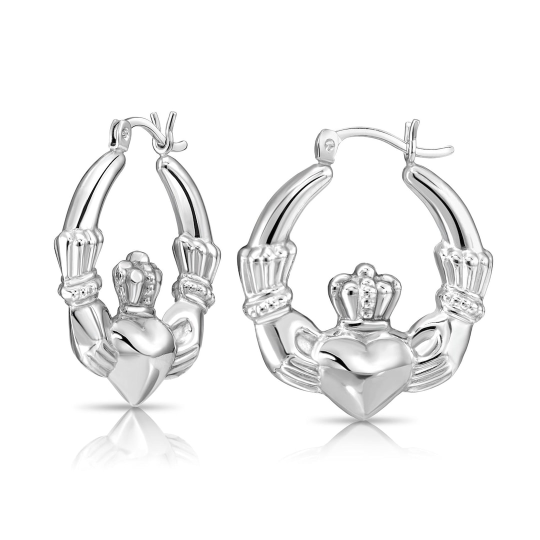 925 Sterling Silver Heart & Crown Claddagh Hoop Earrings, Irish ...