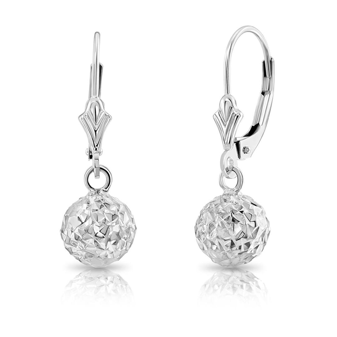 10K White Gold Ball Earrings, Dangling Diamond-cut Round Balls ...