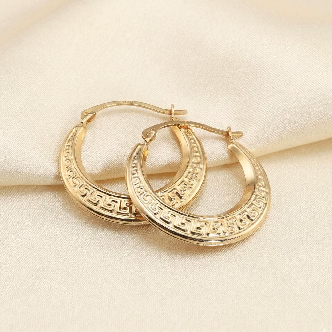 14K Yellow Gold Greek Key Curved Round Creole Hoops Earrings, Secure ...