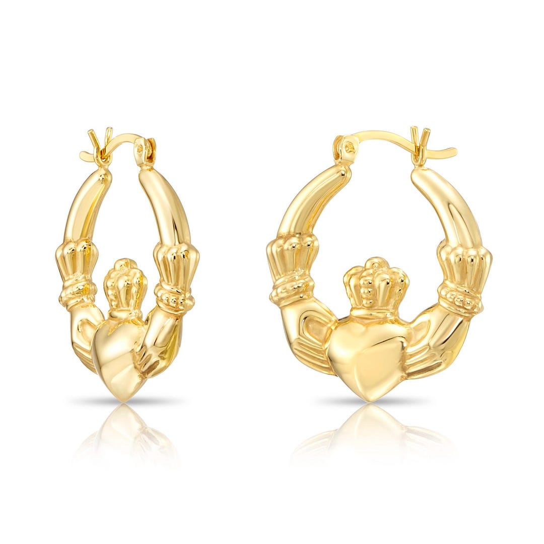 Gold Tone Heart & Crown Claddagh Hoop Earrings in 925 Sterling Silver ...