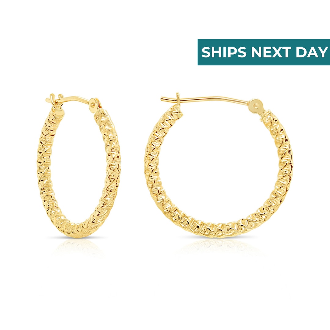 14K Yellow Gold Hoops With Spiral Diamond Cuts, the Twist Collection ...