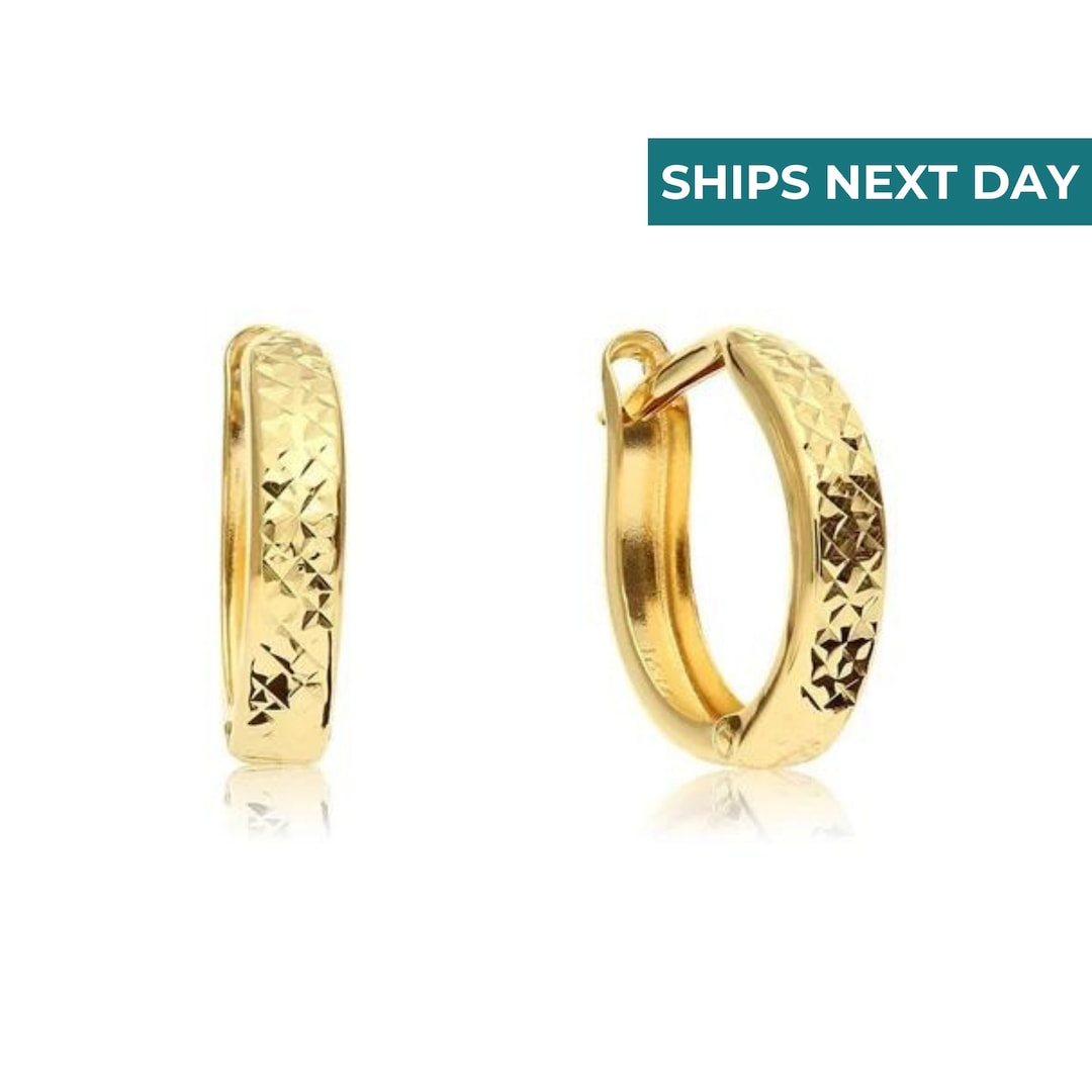 14K Solid Gold Diamond-cut Huggie Hoop Earrings, SOLID 14K GOLD Huggie ...