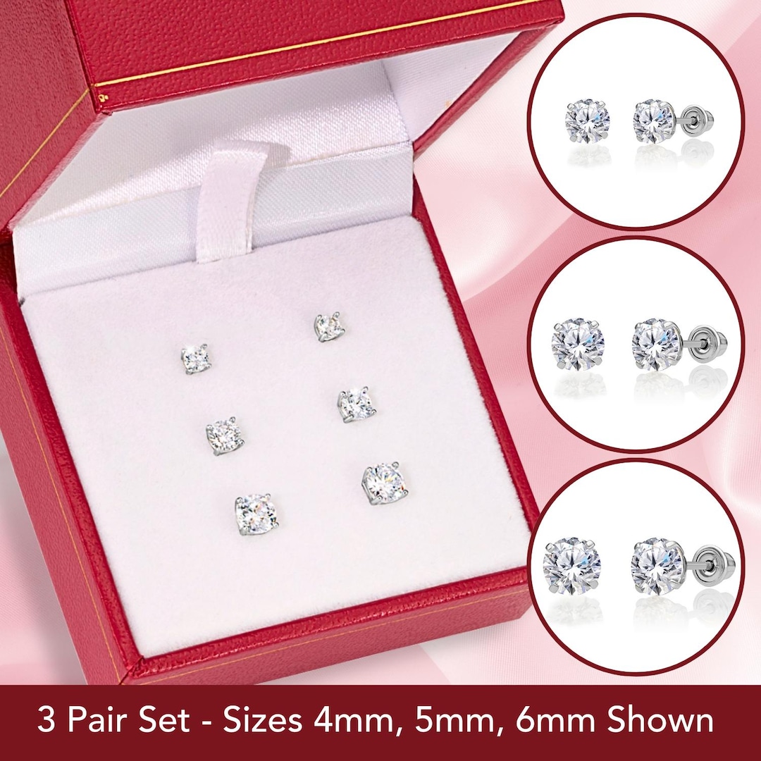 Set of 3 Pairs! 14k Solid White Gold Basket Set Round CZ Stud Earrings ...