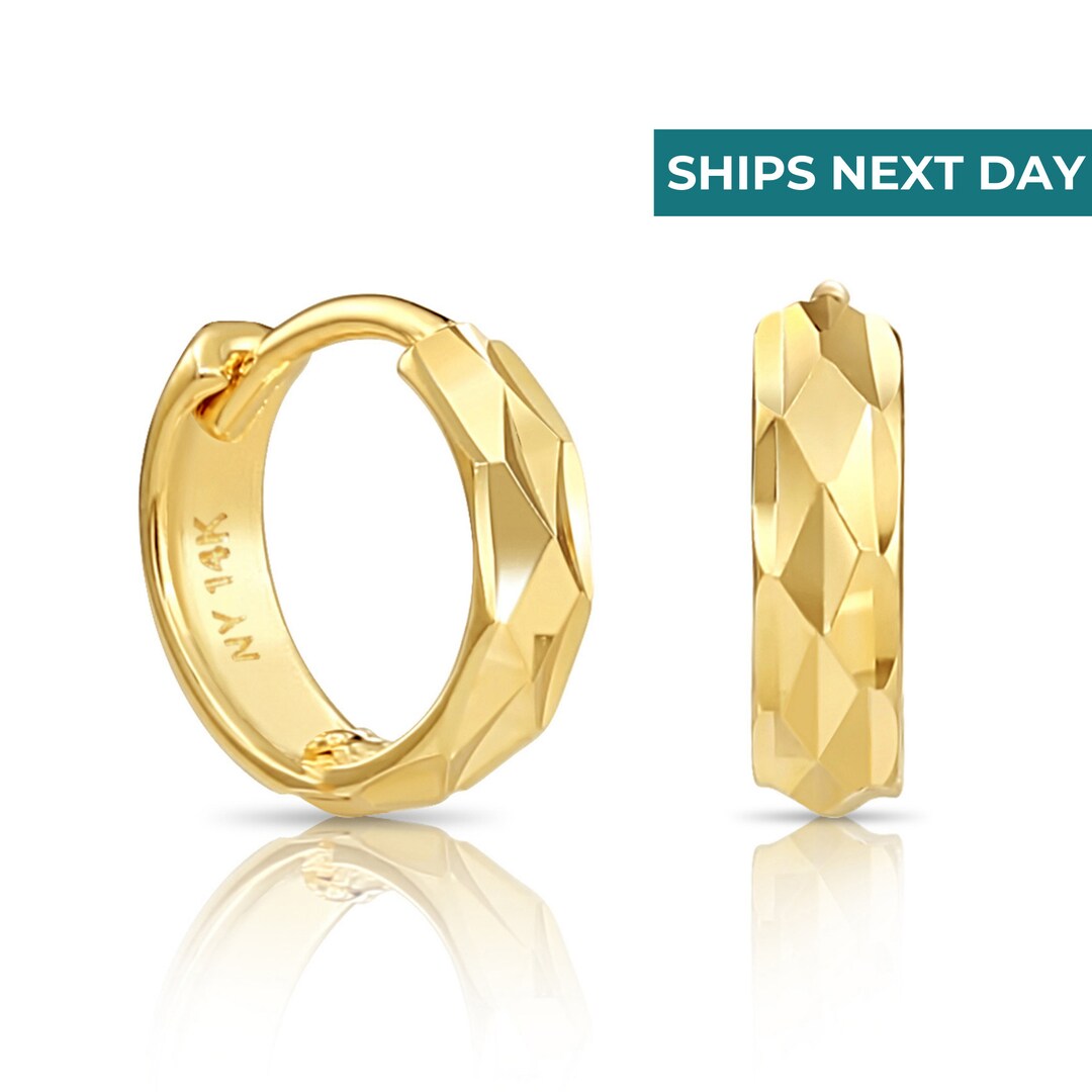 14K Gold Hand Engraved Huggies, Dainty 10mm Gold Earrings, Available in ...