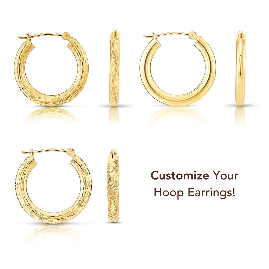 14K Yellow Gold Hoop Earrings, Diamond-cut Fancy Hoop Earrings ...